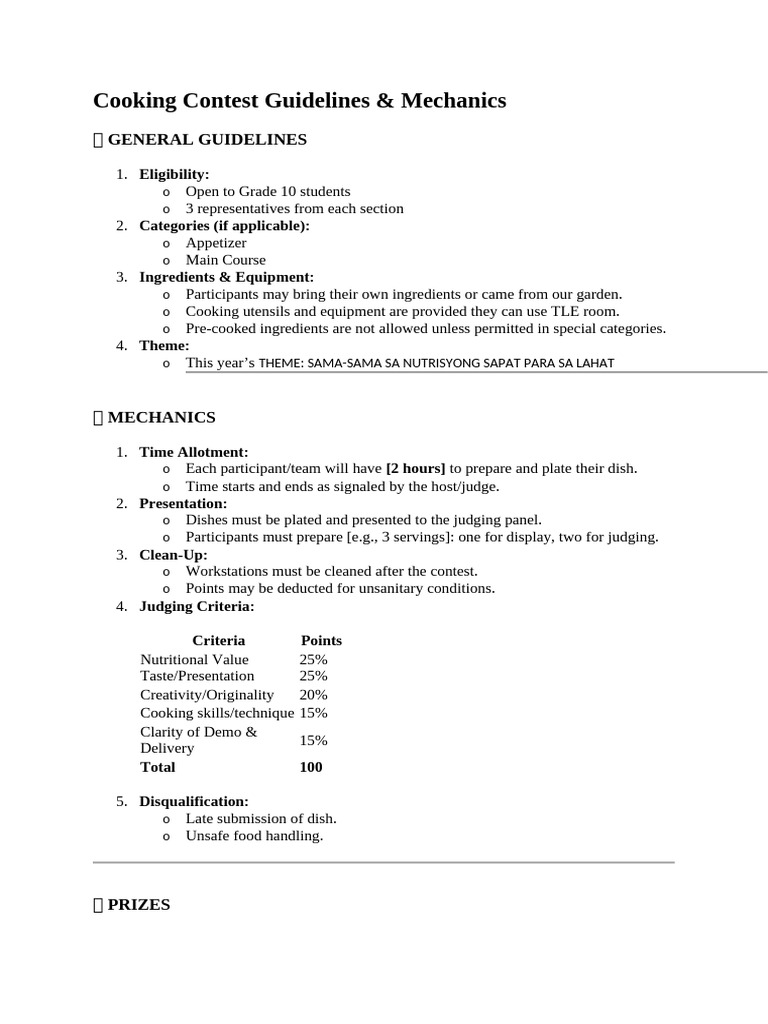 Guidelines and Mechanics For Cooking Contest | PDF