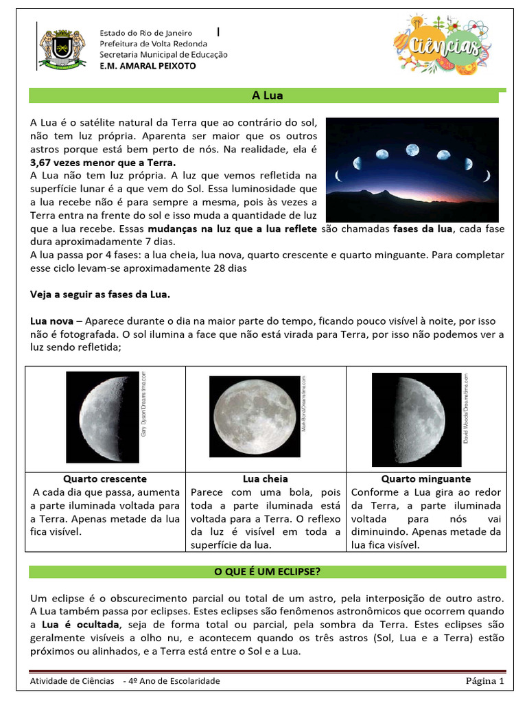 Fases da Lua e Atividades de Ciências | PDF | Lua | Sistema Solar