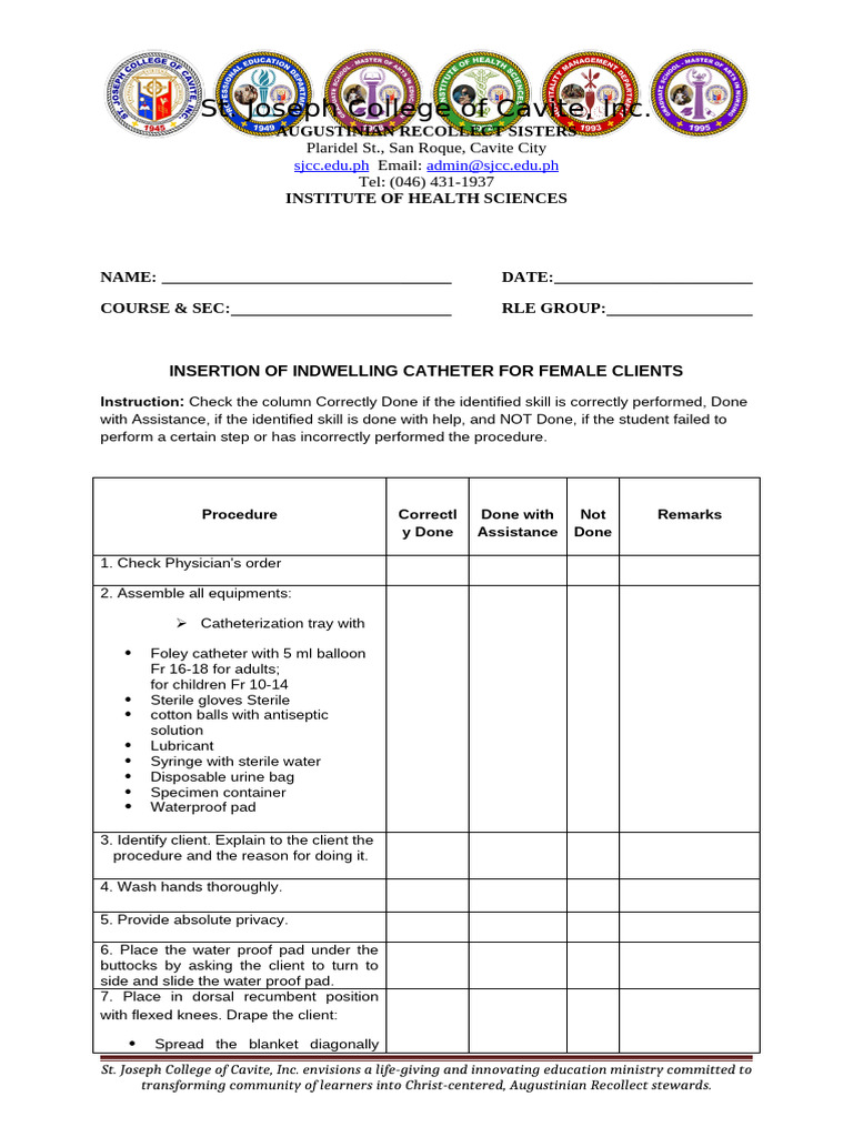 Indwelling Catheter Insertion Checklist | PDF | Catheter | Medical ...