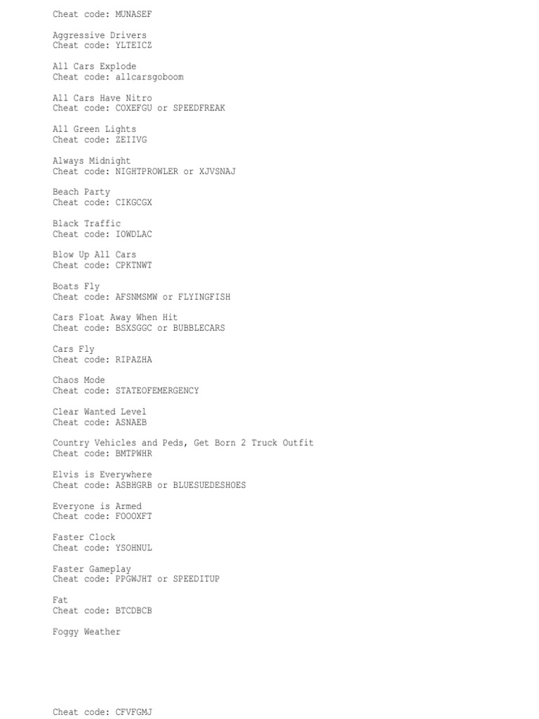 Top GTA San Andreas cheat codes under 40 characters | PDF | Cheating In ...