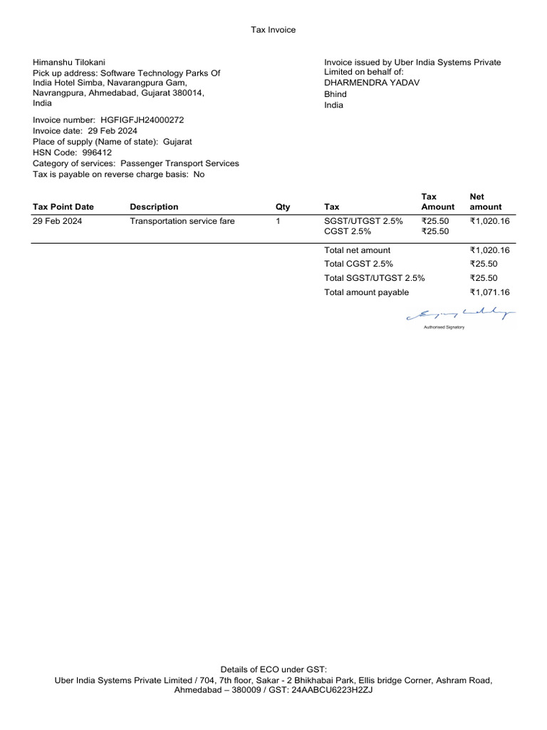 Tax Invoice for Uber Transport Services | PDF