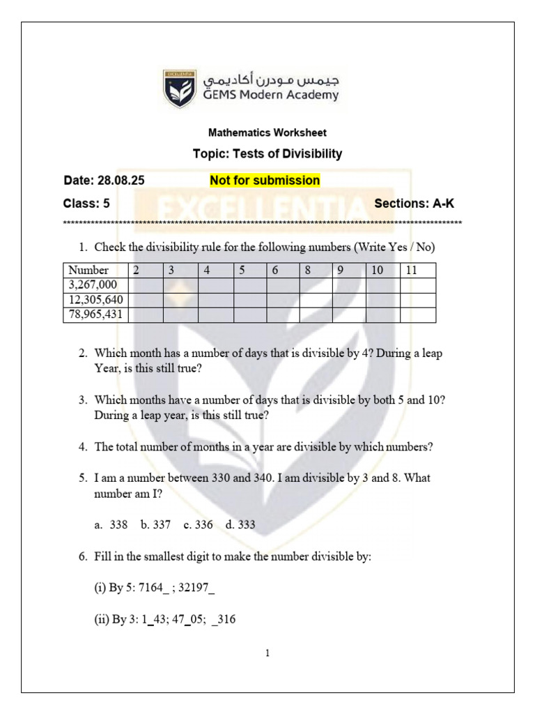 Worksheet 1 - Divisibility Rules - 28.08.25 | PDF