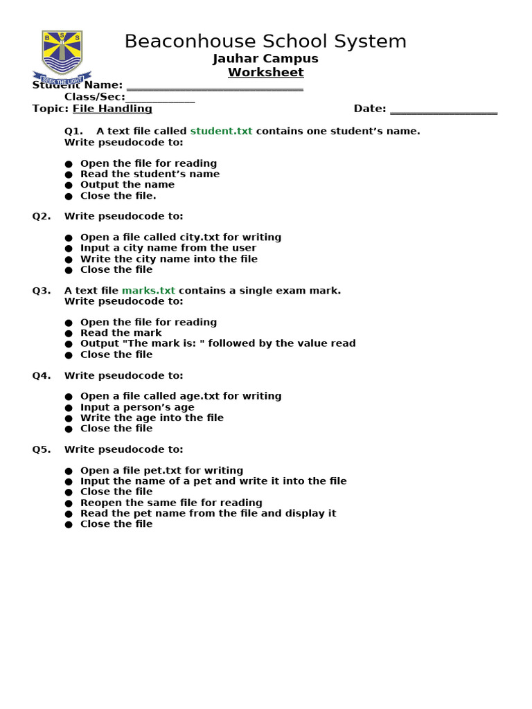 File Handling Pseudocode Worksheet | PDF