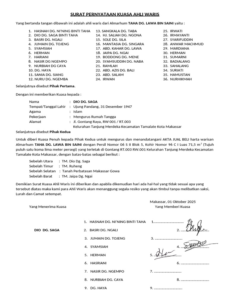 Surat Pernyataan Kuasa Ahli Waris Taha Dg Lawa Bin Saini 2 | PDF