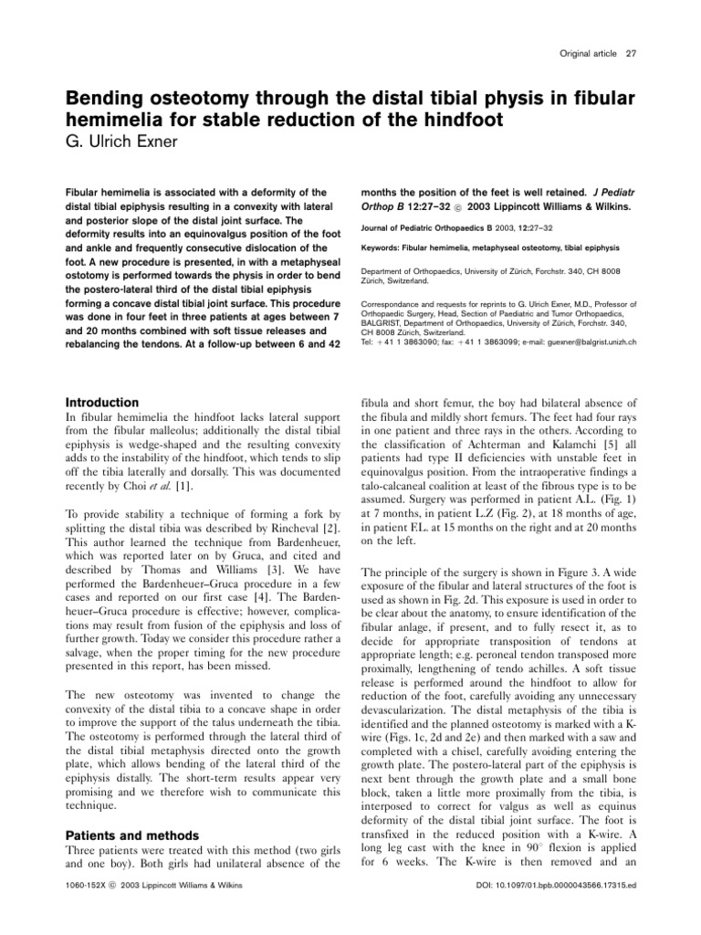 Bending Osteotomy Through The Distal Tibial Physis in Fibular Hemimelia ...