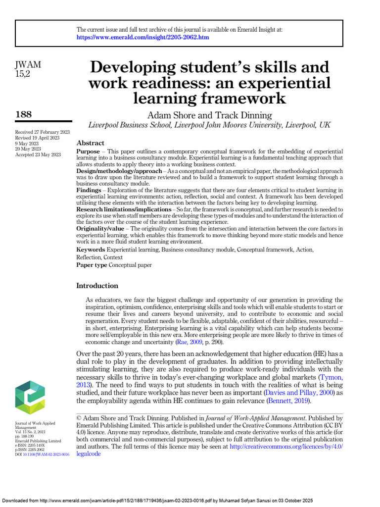 Developing Student's Skills and Work Readiness An Experiential Learning ...