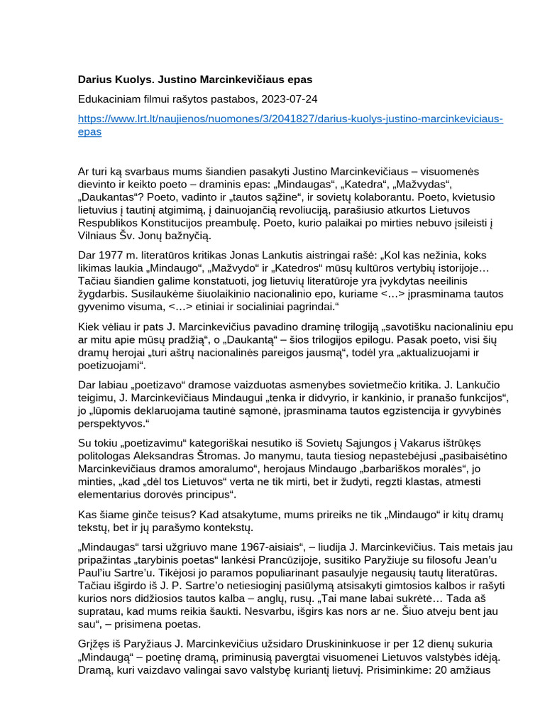 D. Kuolys. Justino Marcinkevičiaus Epas | PDF