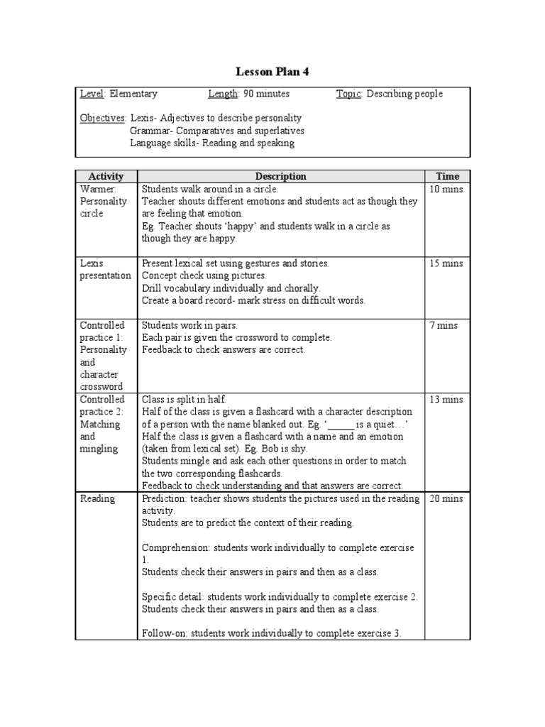 Personality Lesson Plan for Beginners | PDF | Language Arts ...