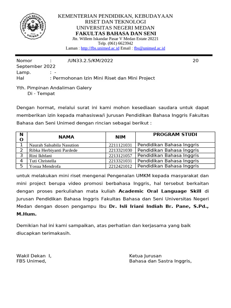 Izin Mini Riset dan Project Unimed | PDF