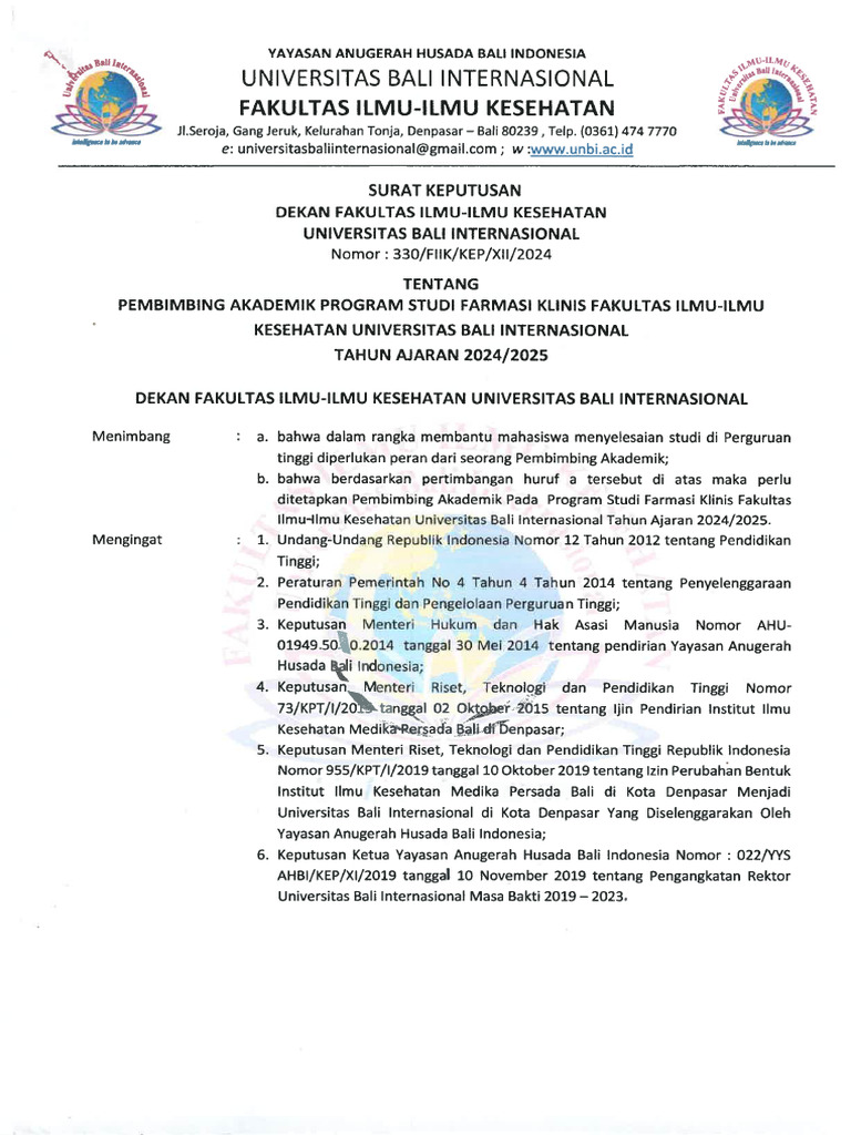 330.KEP.D.pembimbing Akademik Farmasi Klinis TA 2024-2025 | PDF