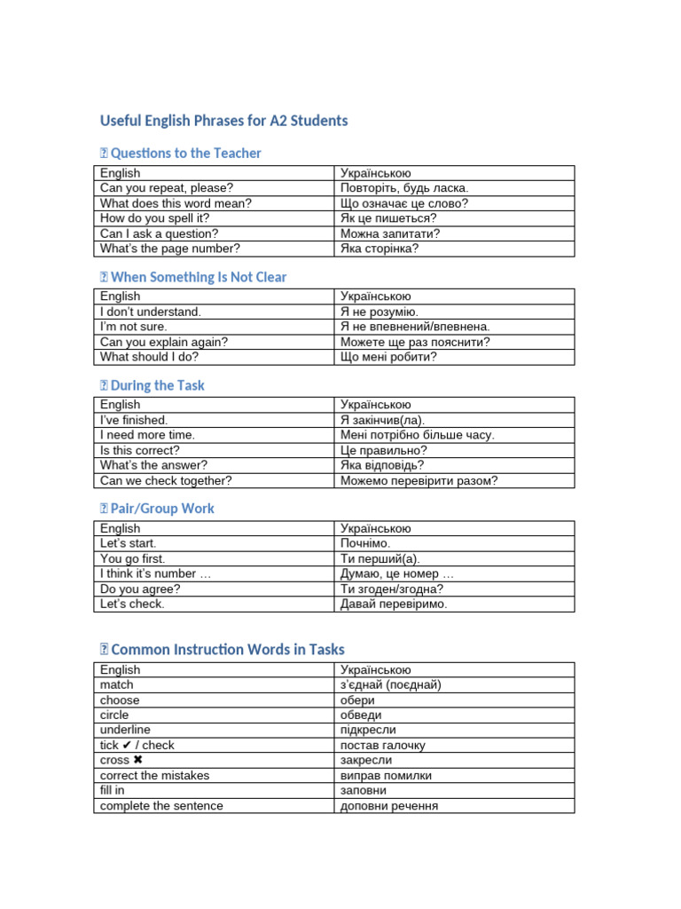 A2 Classroom Phrases and Instructions | PDF