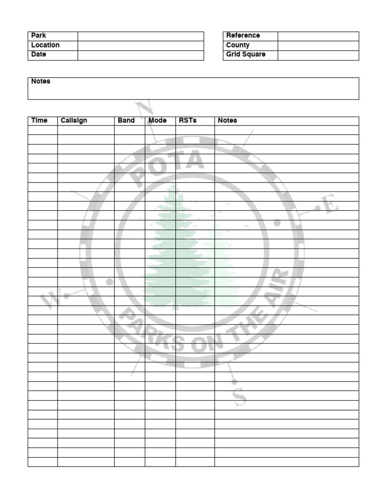 POTA Log Sheet Template | PDF
