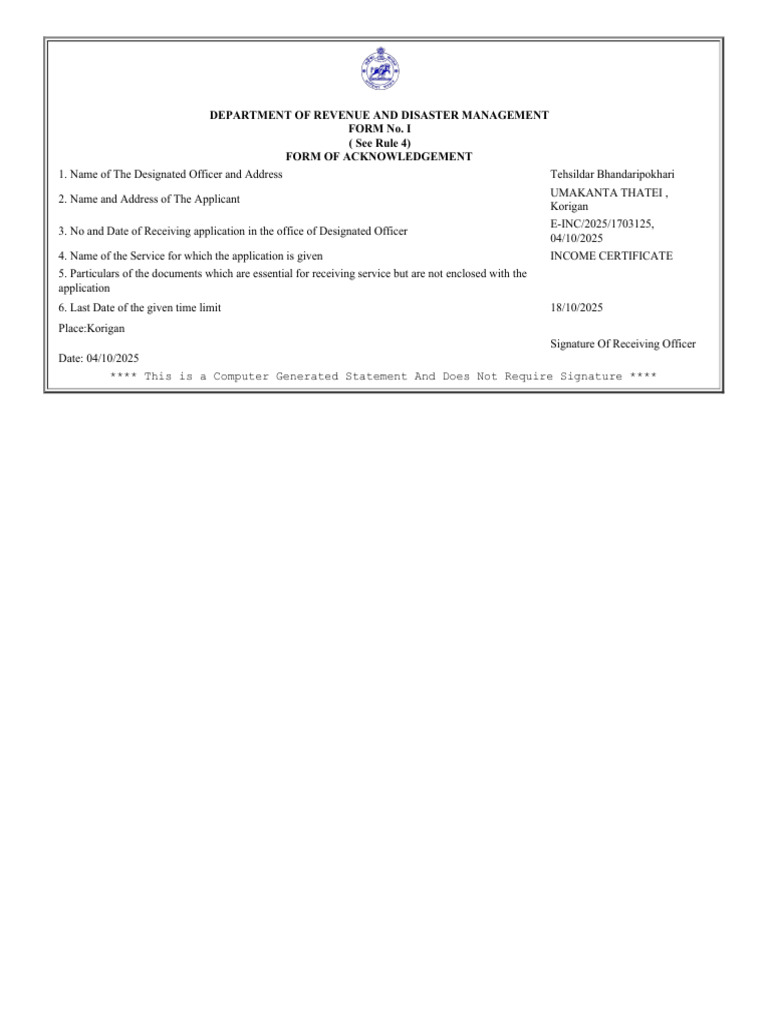 Department of Revenue and Disaster Management Form No. I (See Rule 4 ...