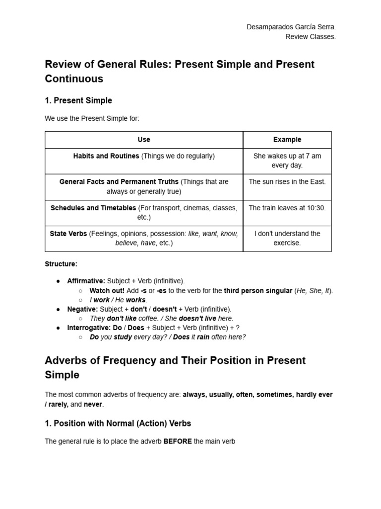 Present Simple vs. Present Continuous Guide | PDF | Verb | Adverb