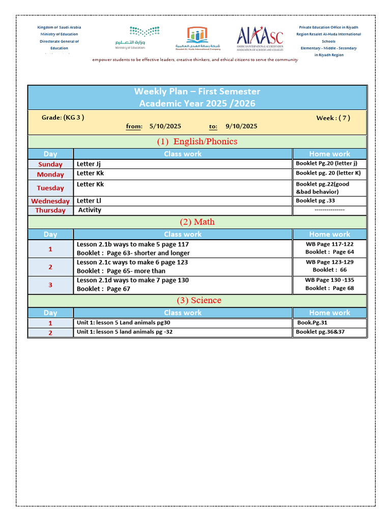Weekly Plan KG 3 Week 7 - First Semester | PDF