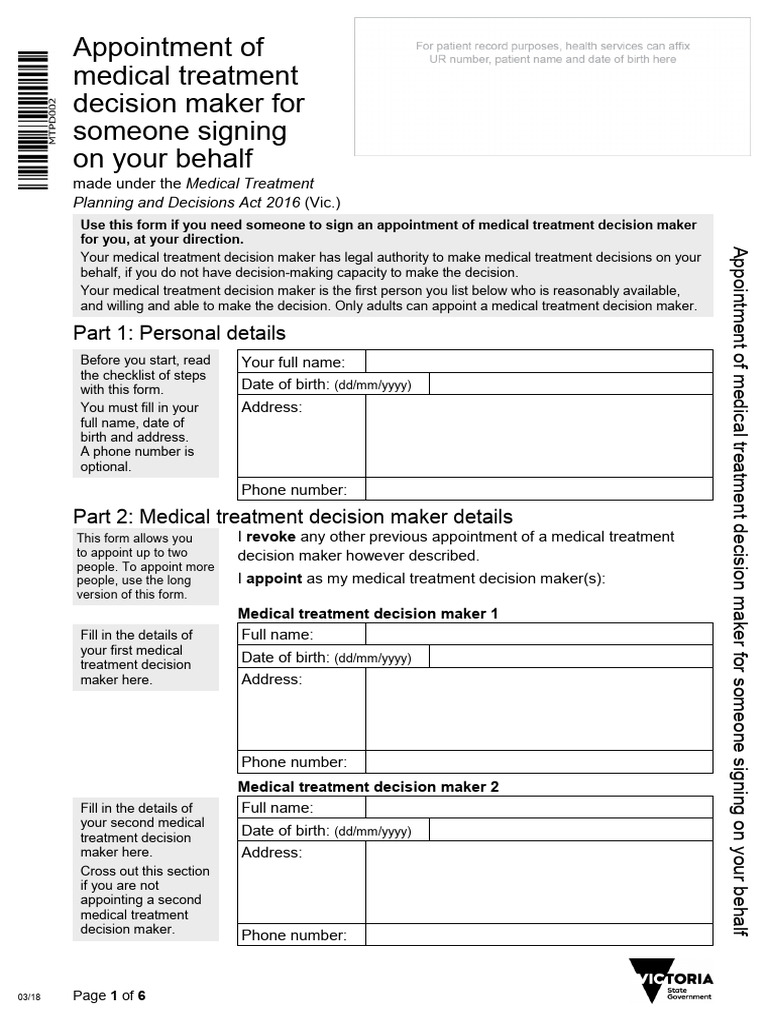 Appointment of Medical Treatment Decision Maker For Someone Signing On ...