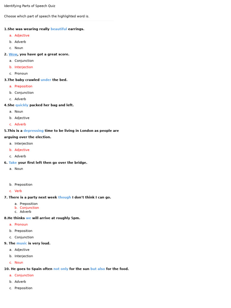 8 Parts of Speech Quiz 20items | PDF