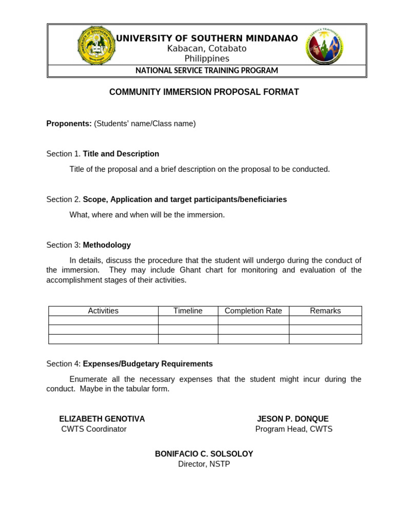 Community Immersion Proposal Format | PDF