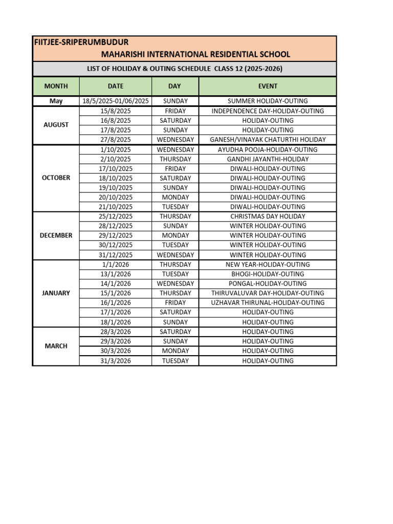 Class 12 Holiday & Outing Schedule | PDF