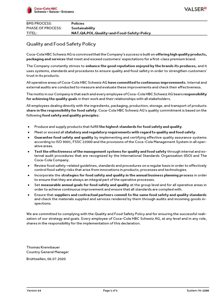 3 Quality and Food Safety Policy en | PDF | Food Safety | Safety