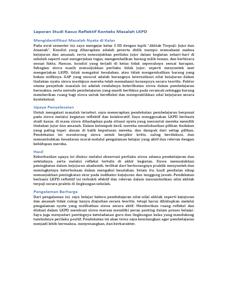 Laporan Studi Kasus Reflektif LKPD | PDF