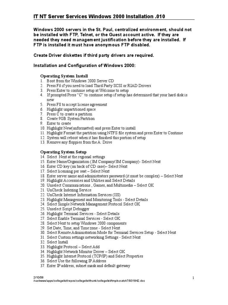 Windows 2000 Server Install | PDF | Windows 2000 | Remote Desktop Services