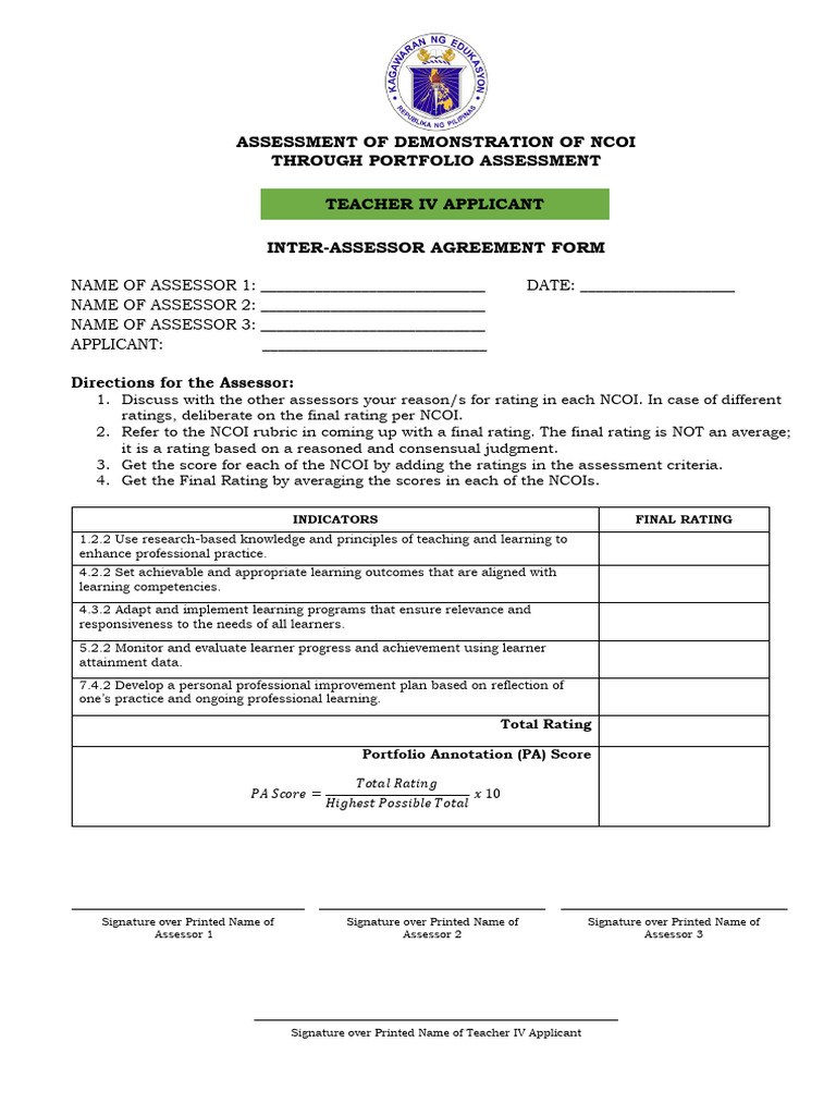NCOI Portfolio Assessment Inter Assessor Agreement Form for Teacher IV ...