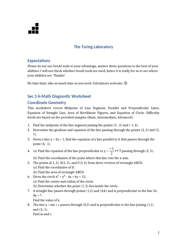 Sec 3 A-Math Coordinate Geometry Worksheet | PDF | Line (Geometry ...