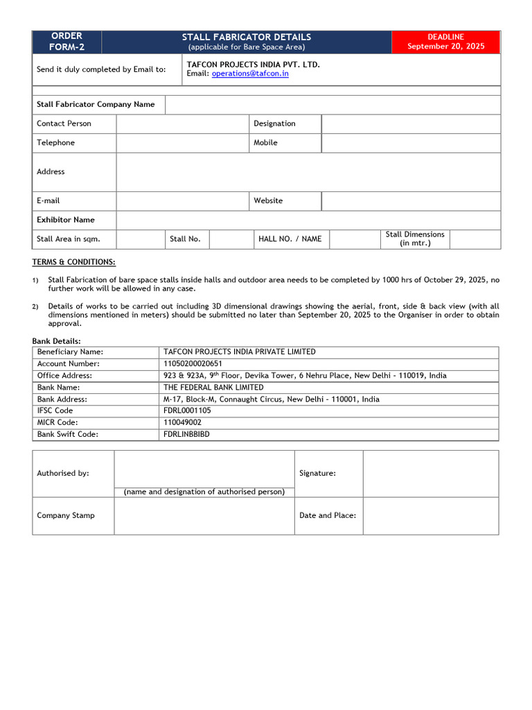 Stall Fabricator Order Form 2025 | PDF