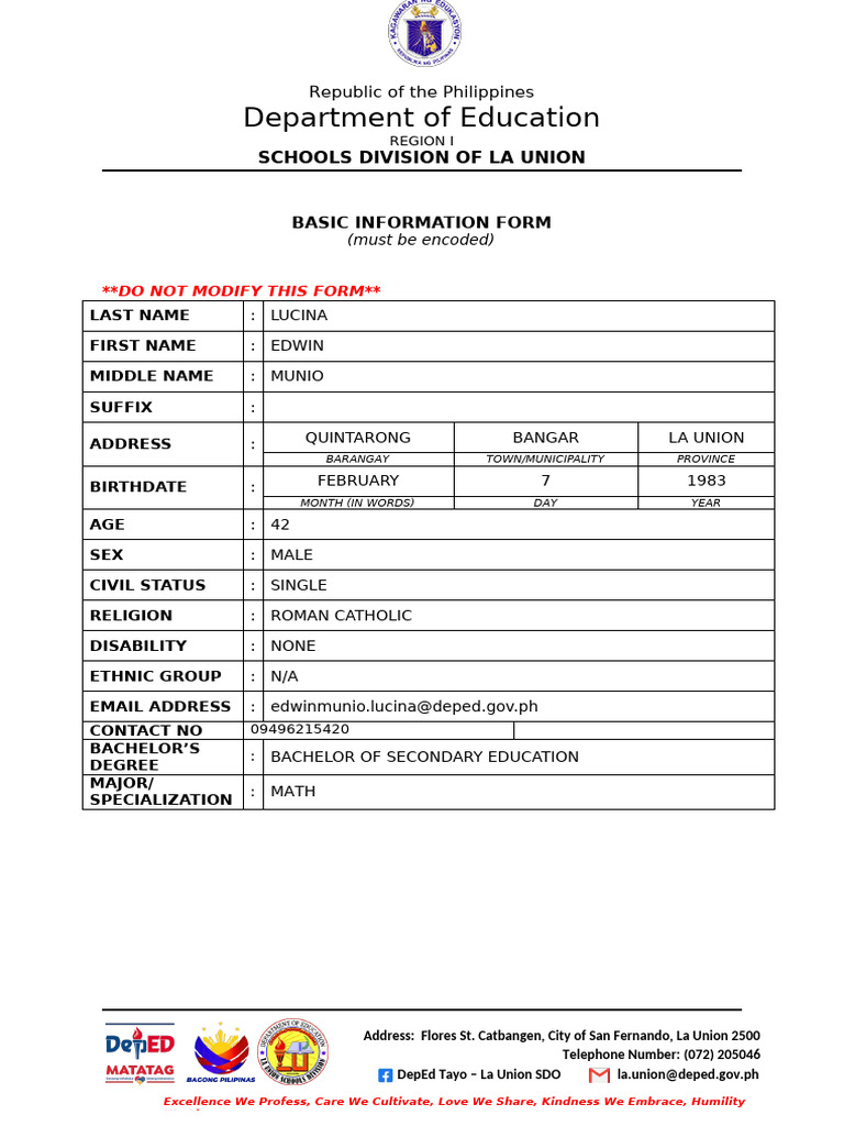Basic Information Form: Edwin Lucina | PDF