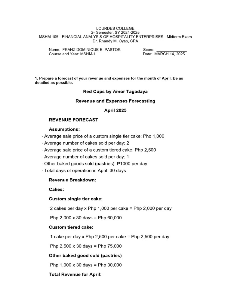 Pastor Midterm Financial Analysis | PDF | Cakes | Expense