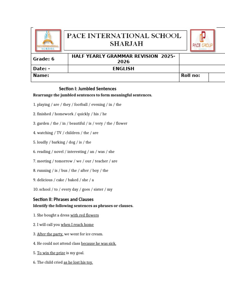 Grade-6 Hy Grammar Revision Worksheet | PDF