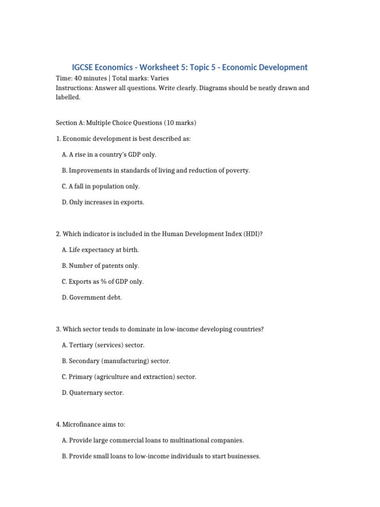 IGCSE Economics: Economic Development Worksheet | PDF | Poverty ...