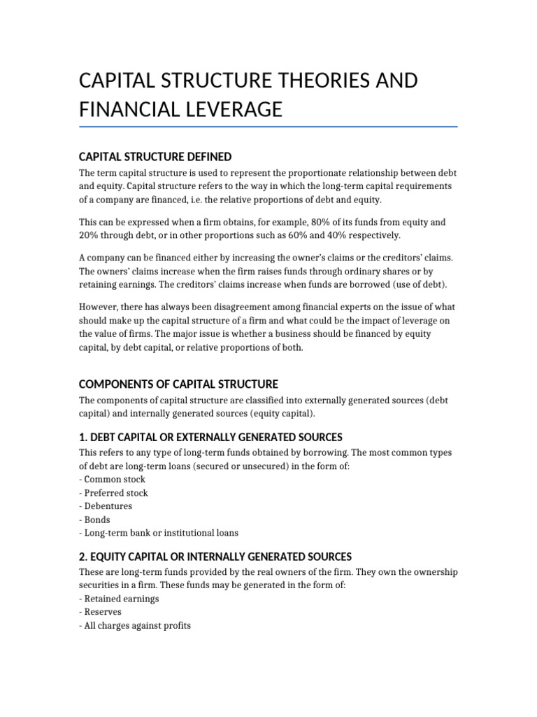 Capital Structure Theories & Leverage | PDF | Capital Structure | Cost ...