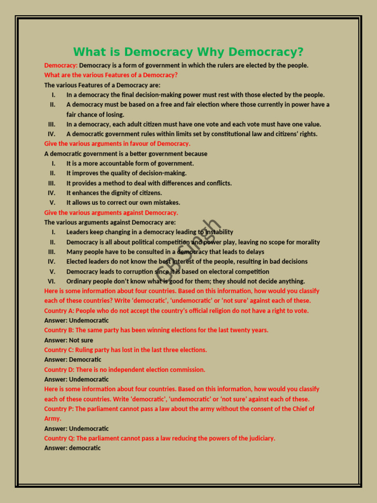 Class 9th What Is Democracy Why Democracy Ncert Solutions | PDF ...