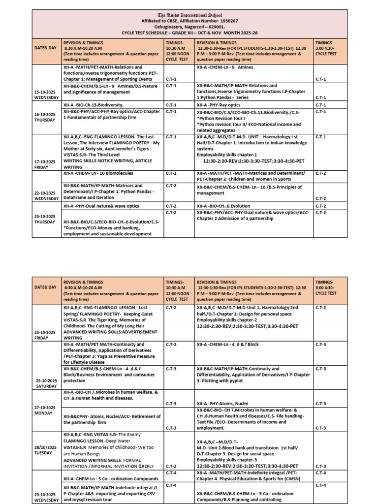 Grade 12 Cycle Test Schedule 2025-26 | PDF | Sql