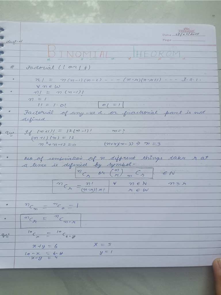 Binomial Theorem Class Notes Part 1 | PDF