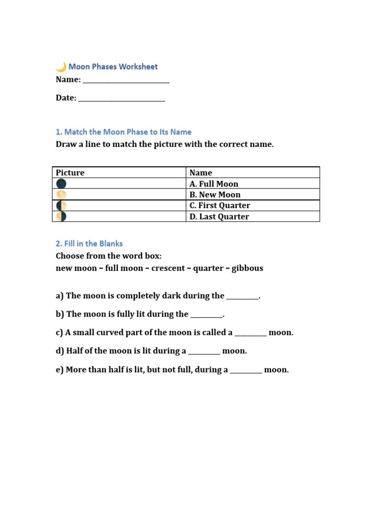Moon Phases Worksheet | PDF