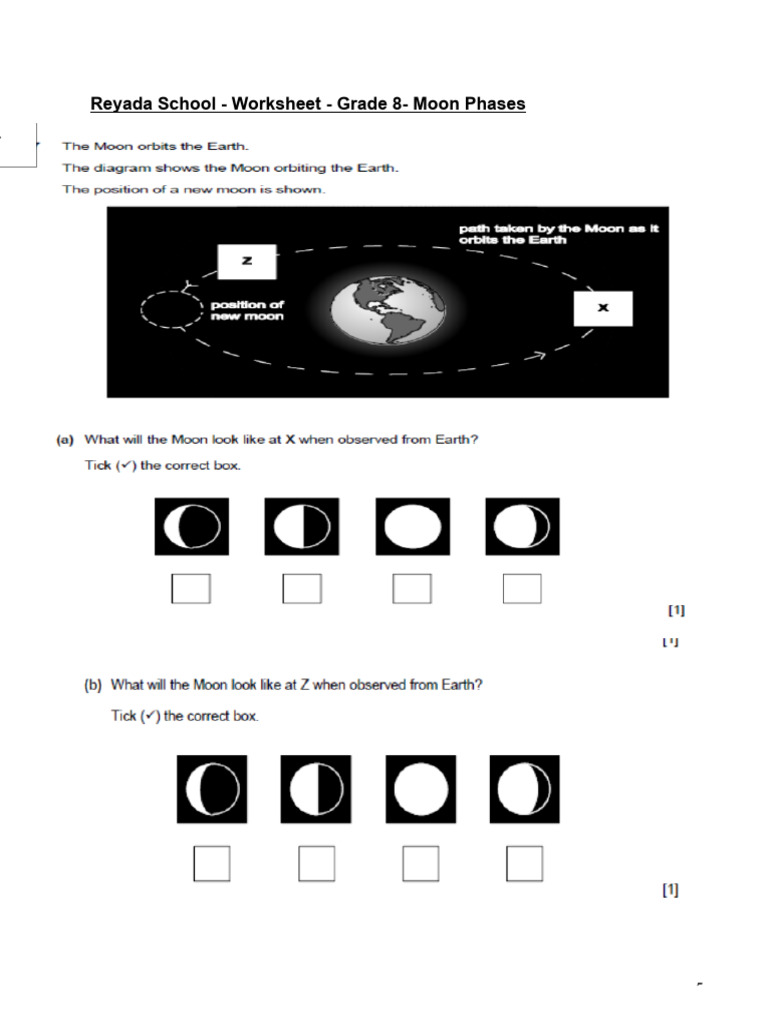 Reyada School - Worksheet - Grade 8 - Moon Phases | PDF