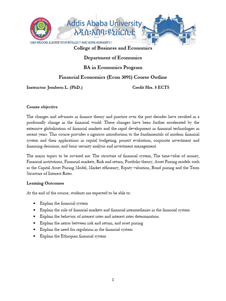 Revised Financial Economics Course Outline | PDF | Financial Economics ...