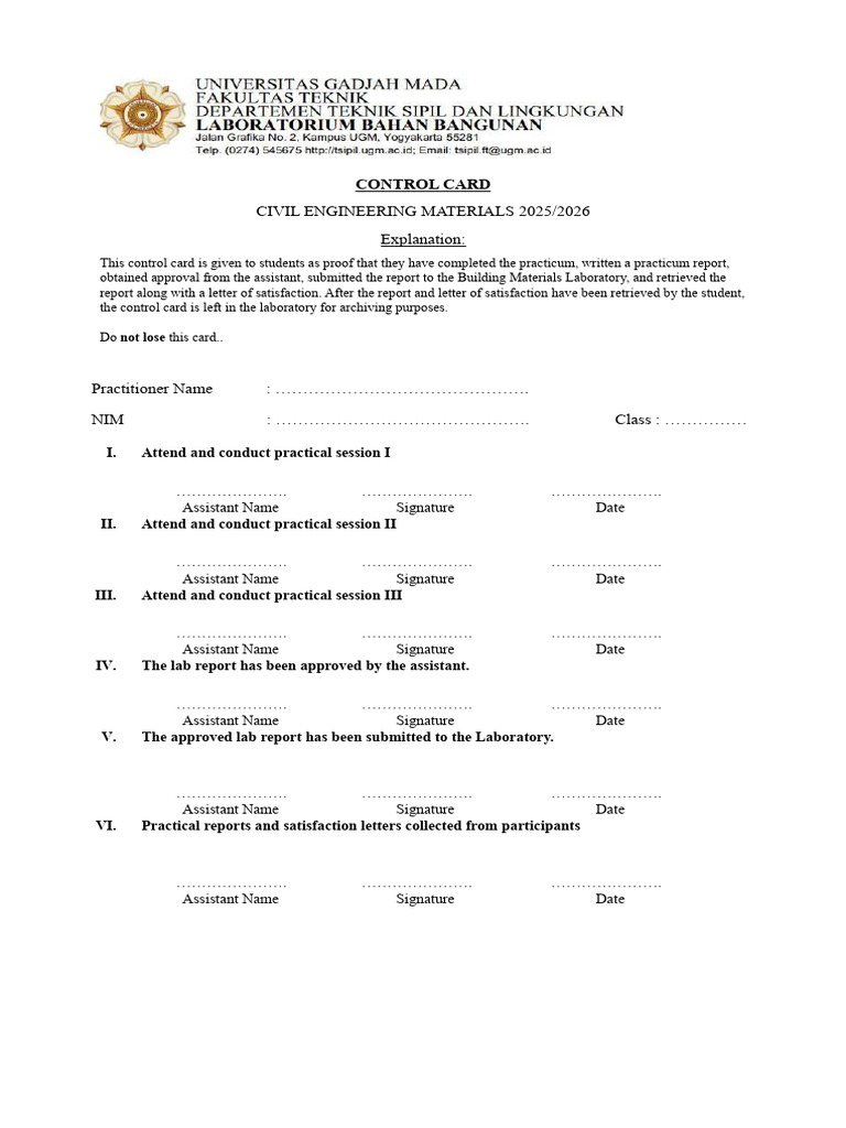 Control Card Civil Engineering Materials Practicum 2025 | PDF