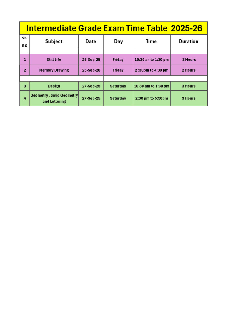 Intermediate Exam Time Table 25 | PDF