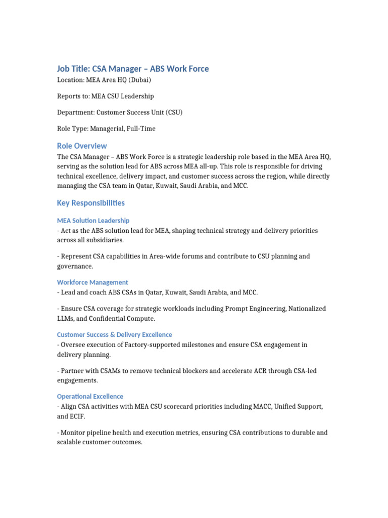 CSA Manager ABS Work Force Job Description | PDF