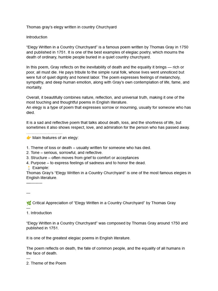 Thomas gray’s elegy written in country Churchyard | PDF | Poetry