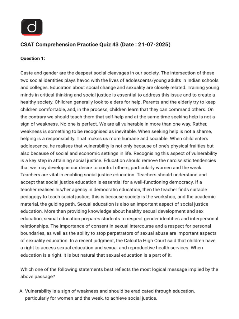 CSAT Comprehension Practice Quiz 43 (Date _ 21-07-2025) | PDF | Sex ...