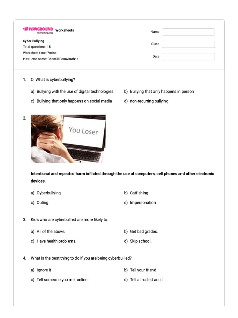 Cyberbullying Worksheet for Students | PDF | Cyberbullying | Bullying