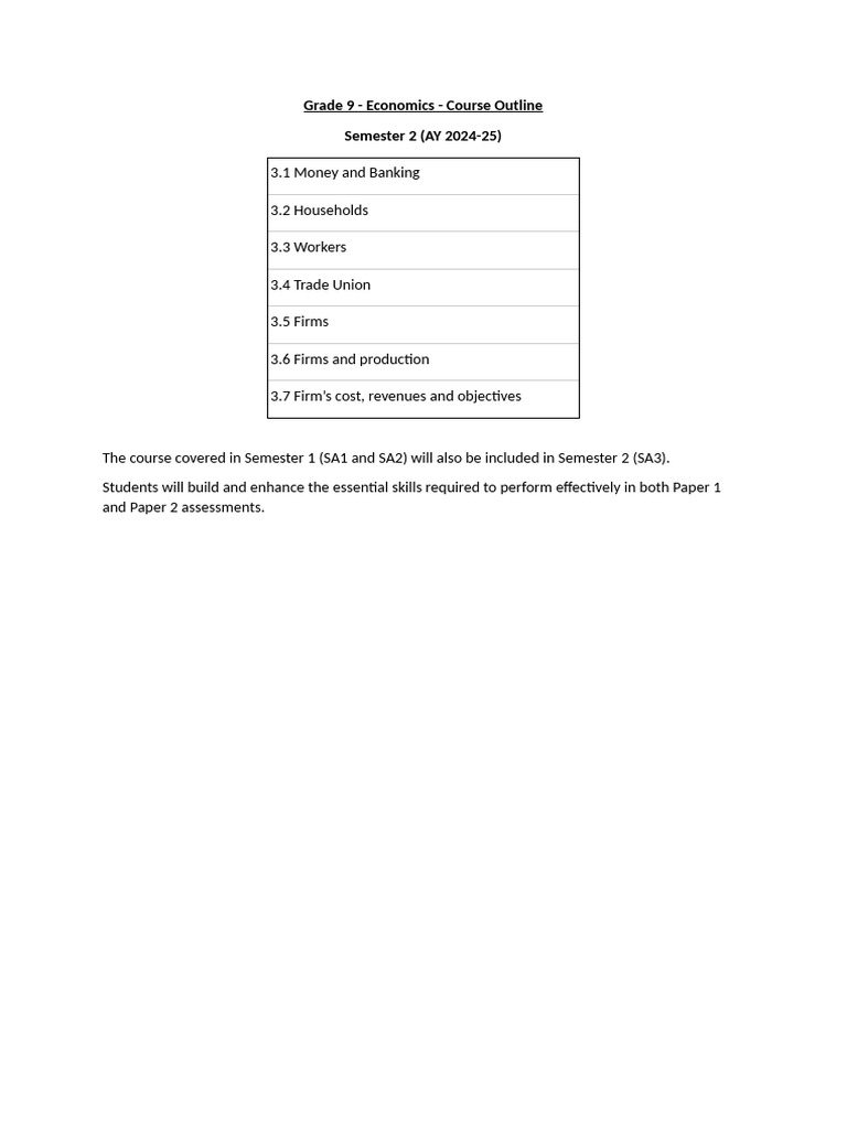 Grade 9 Economics Course Outline - Semester 2 - AY 2024-25 | PDF
