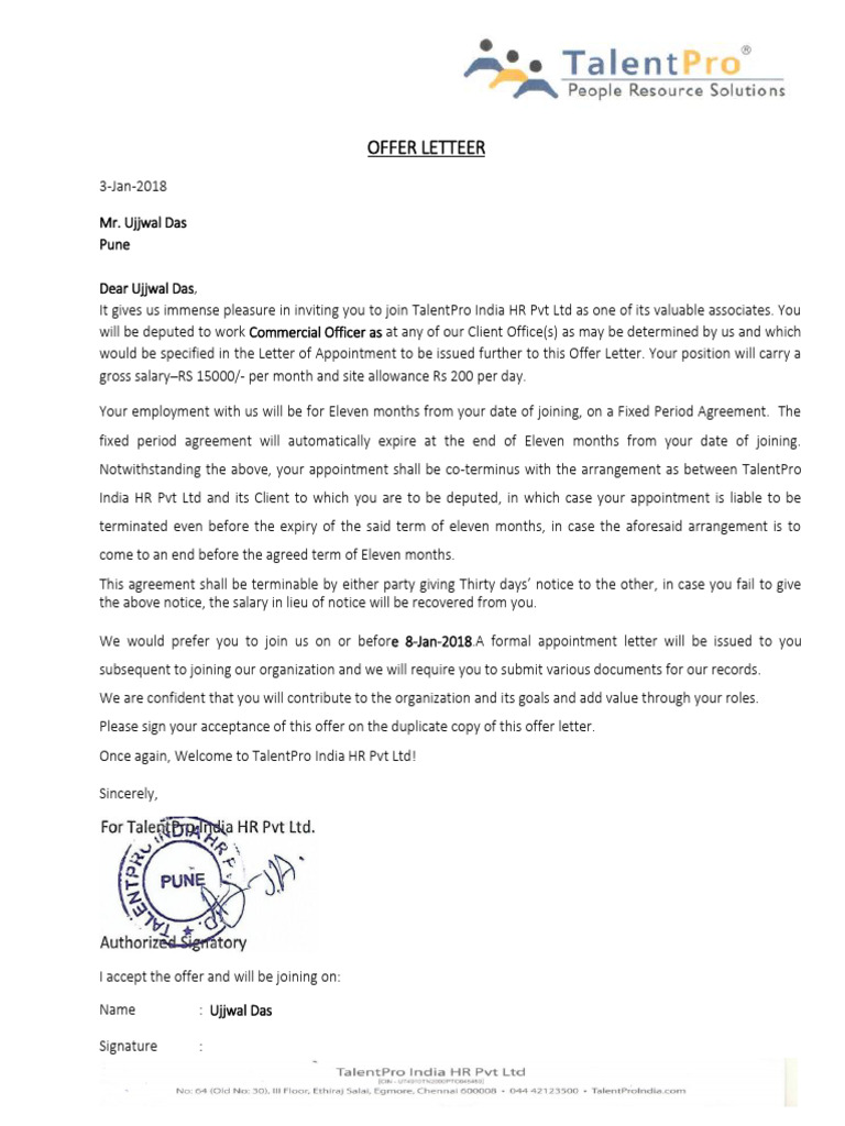 Offer Letter for Ujjwal Das at TalentPro | PDF