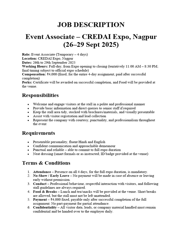 Job Description - Event Associate - Yash Infraventures | PDF