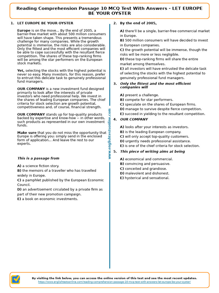 580 Reading Comprehension Passage 10 MCQ Test With Answers Let Europe ...
